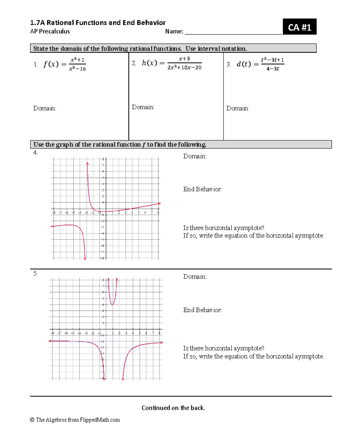 AP Precalculus 1.7A: Rational Functions & End Behavior Practice - Studocu