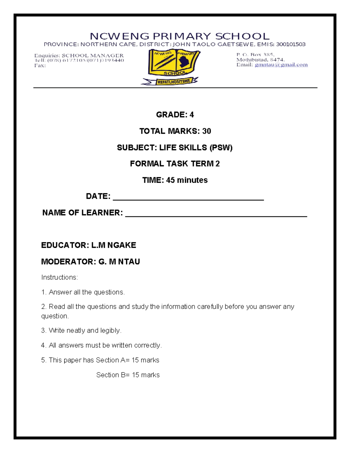LIFE Skills (PSW) Grade 4 Formal Task Assessment Term 2 - Studocu