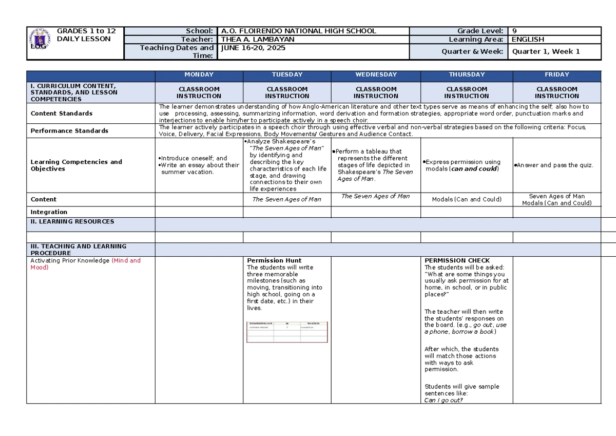 LOG GRADES 1-12 DAILY LESSON PLAN: GRADE 9 ENGLISH (Week 2) - Studocu