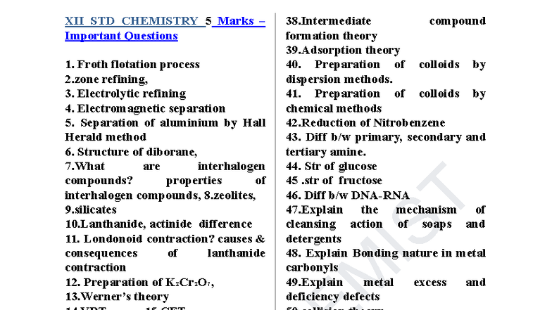 XII STD CHEMISTRY Important Questions for Exam Preparation - Studocu
