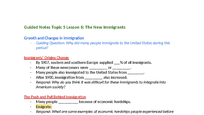 Guided Notes Topic 5 Lesson 6: The New Immigrants Experience - Studocu