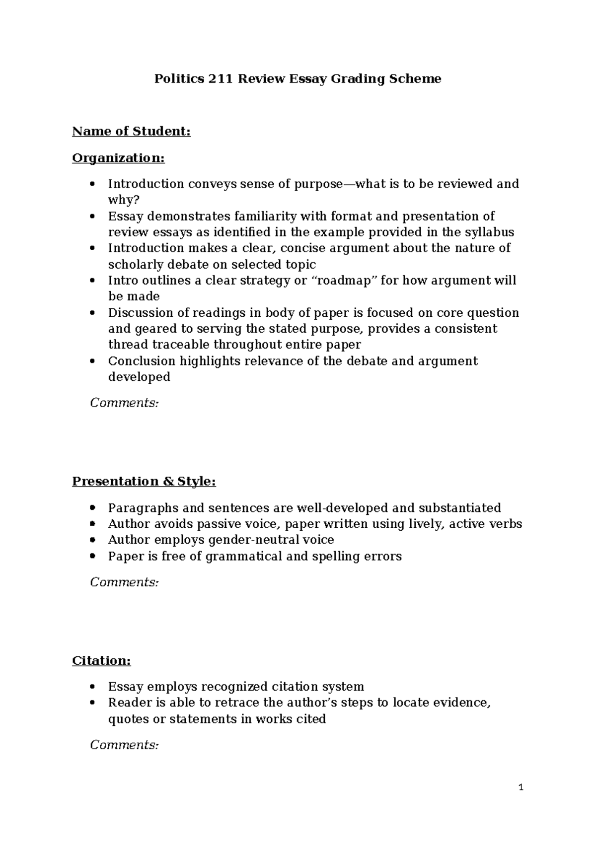 Politics 211 Review Essay Grading Criteria and Feedback - Studocu