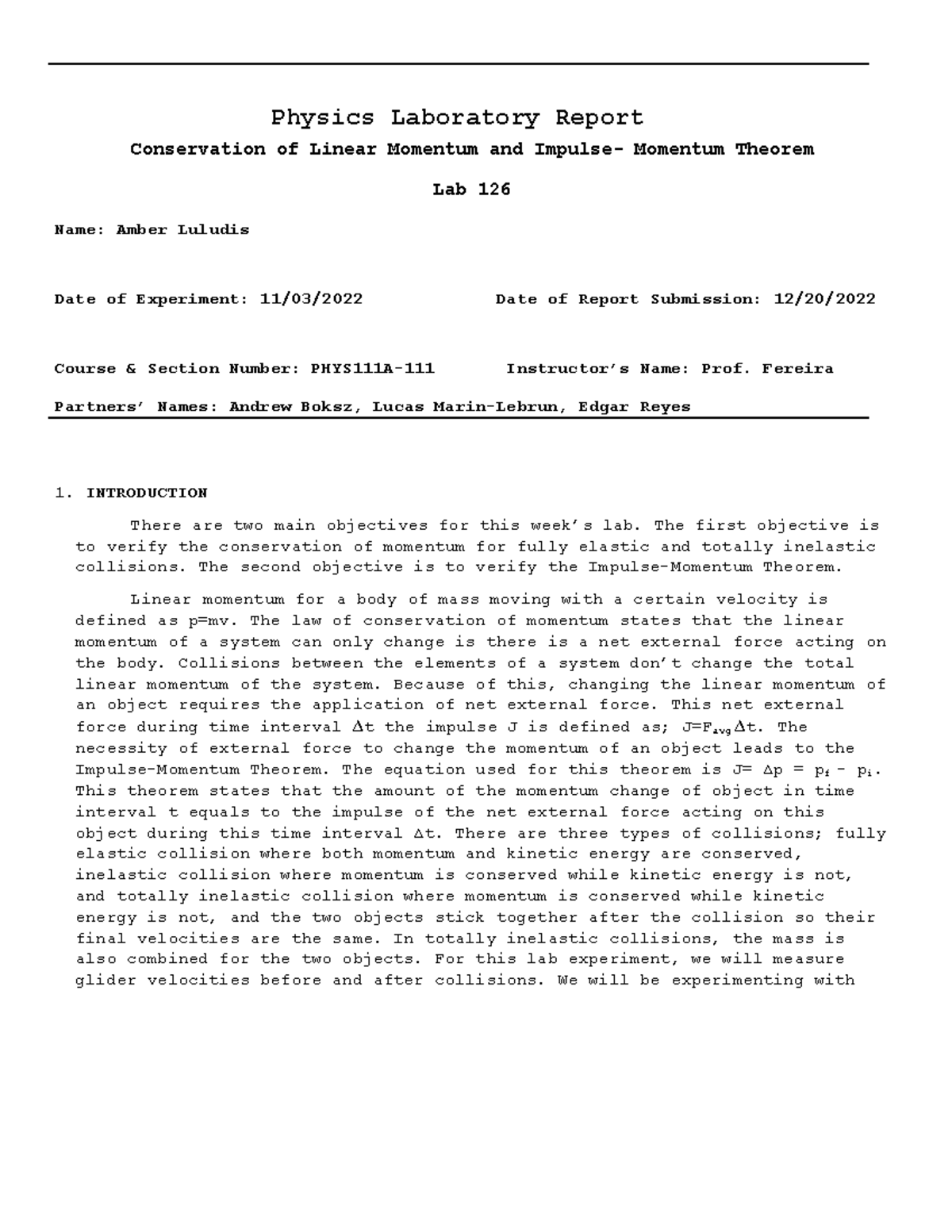 Lab 126- Momentum Theorem - Physics Laboratory Report Conservation of ...