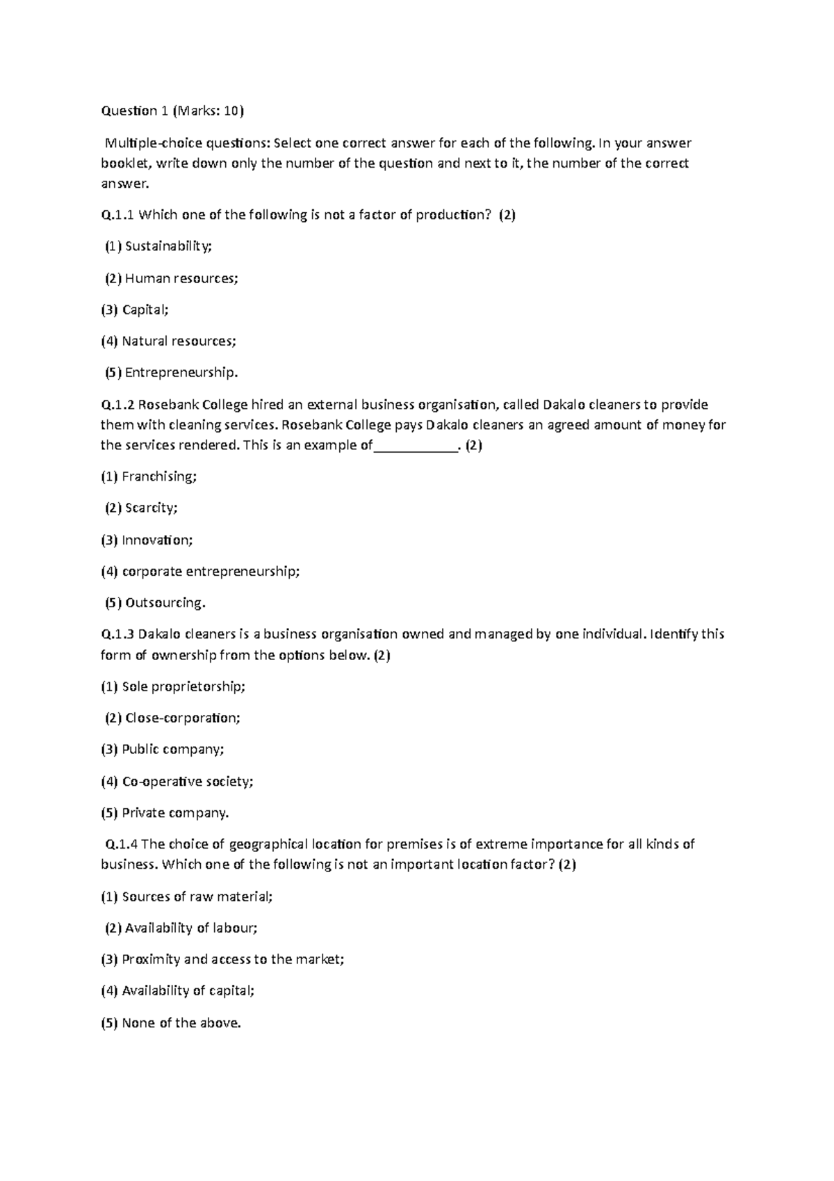 Business Management Exam Questions - Nov 2019 (Marks Distribution ...