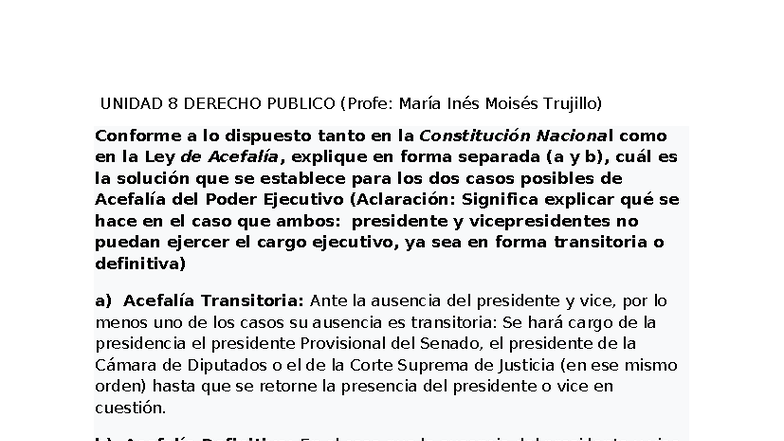 ACT 8 DHO Público - Acefalía del Poder Ejecutivo - Studocu