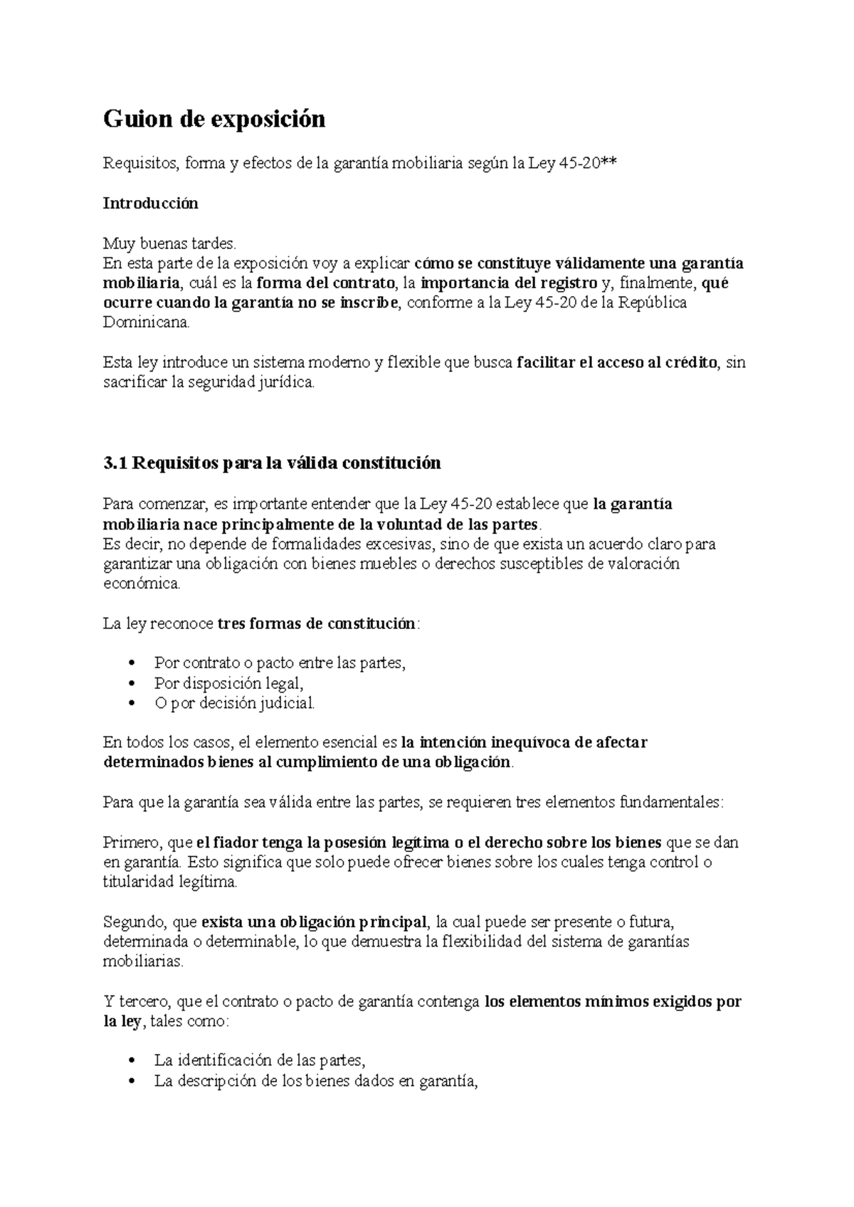 Guion de Exposición: Requisitos y Efectos de la Garantía Mobiliaria ...
