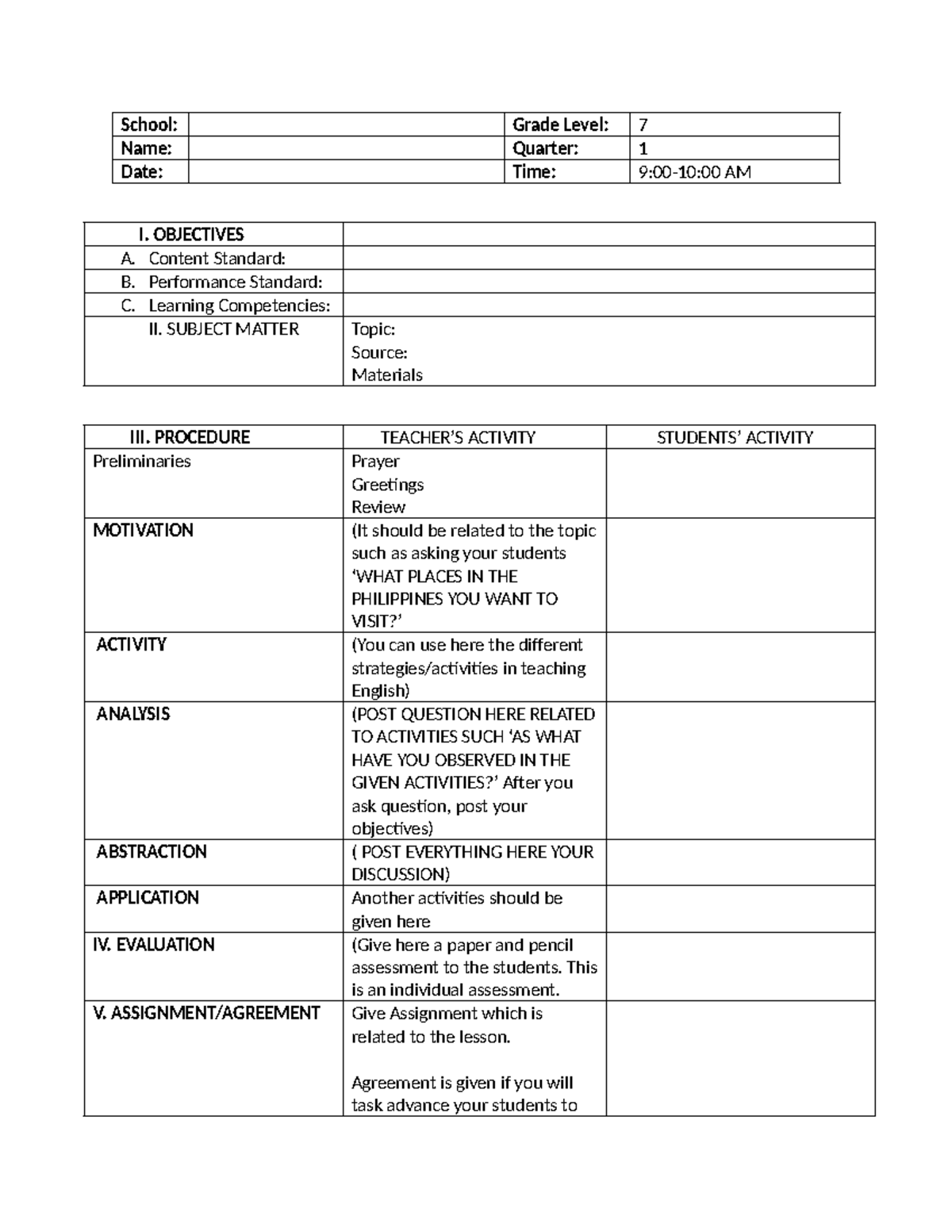 4As Lesson Plan Format for Teaching English - Studocu