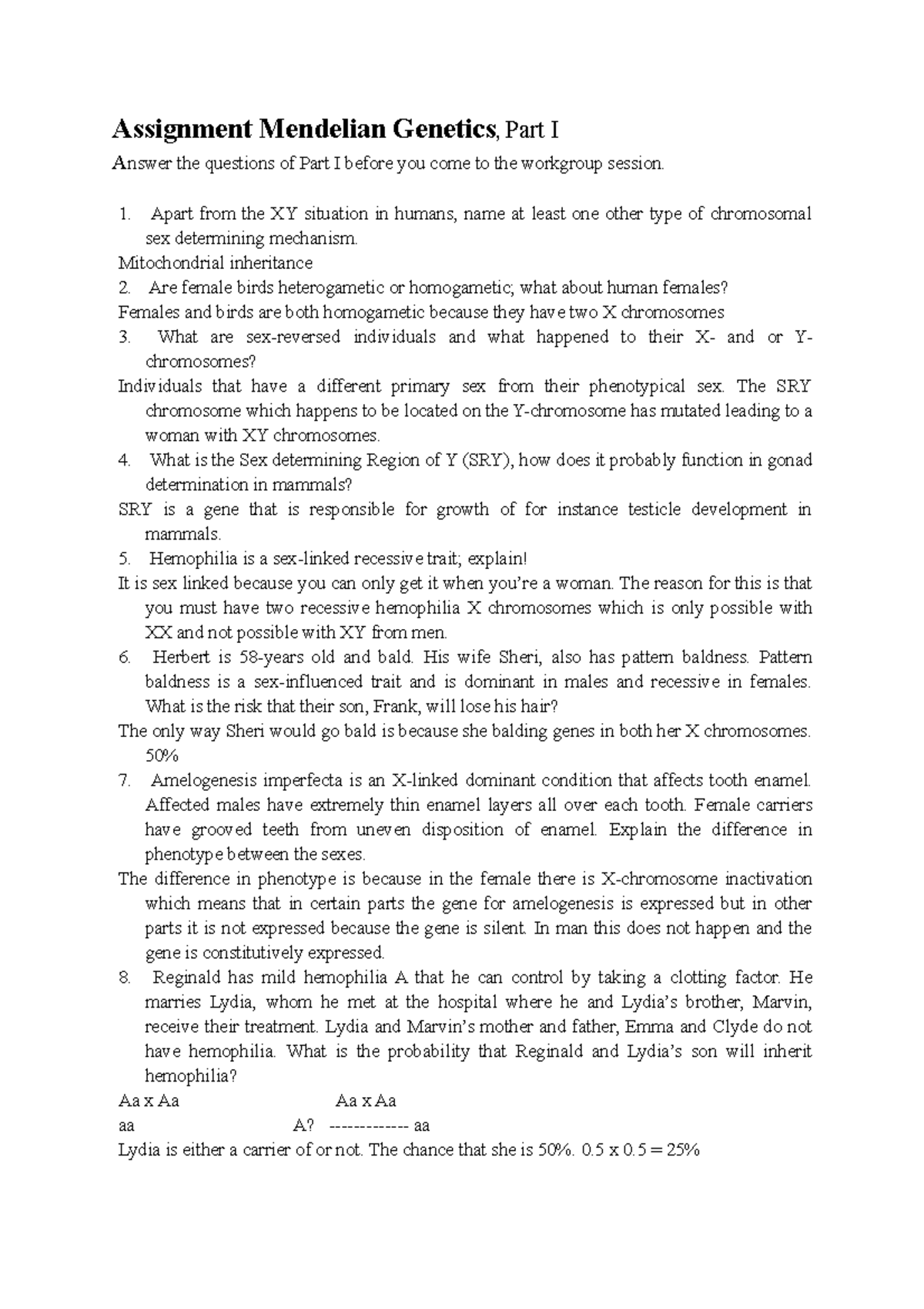 Assignment Mendelian Genetics Part I prep for workgroup - Behaviour ...