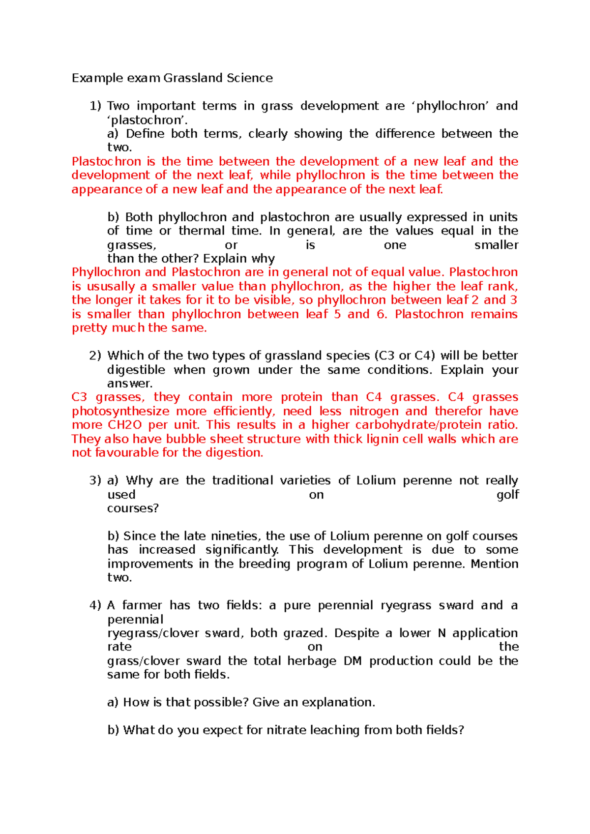 Grassland Science Exam: Key Concepts & Comparisons - Studeersnel