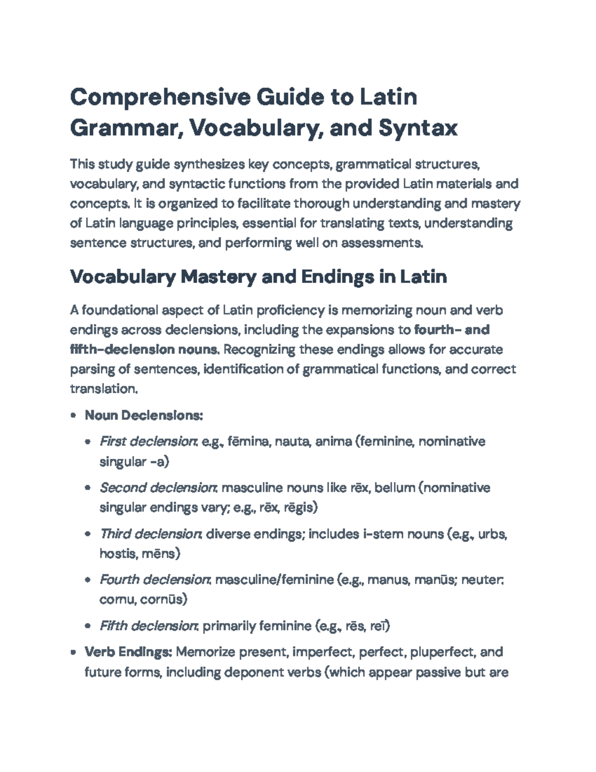 Comprehensive Guide to Latin Grammar (LAT101): Declensions & Syntax ...