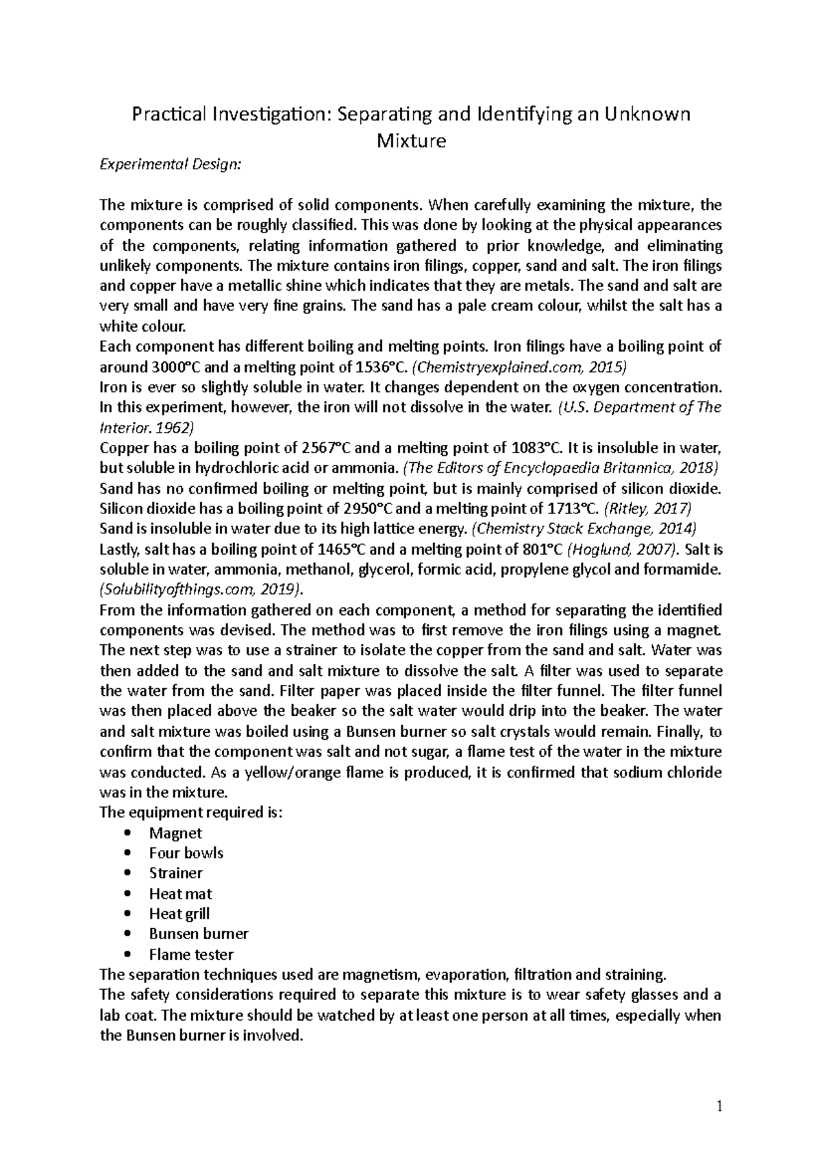 Practical Investigation: Methods for Separating Mixtures (Chem 101 ...