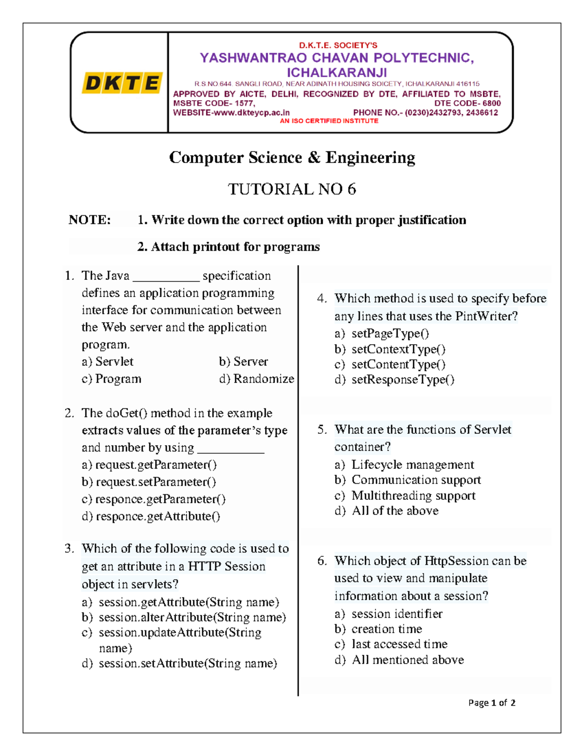 Tutorial NO 6 CH 6-1 - Mcq useful for msbte exam. Very simpke mcq ...