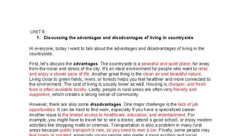 UNIT 6: Advantages and Disadvantages of Living in Countryside vs. City ...