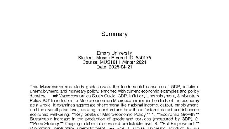 MUS101 Winter 2024 Macroeconomics Study Guide: GDP, Inflation ...