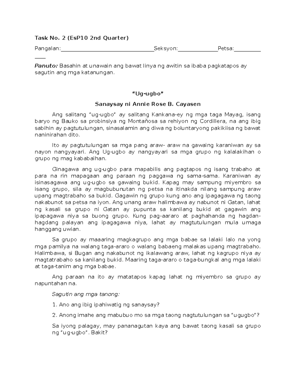 Task No. 2: Ug-ugbo and Community Cooperation (EsP10 2nd Quarter) - Studocu