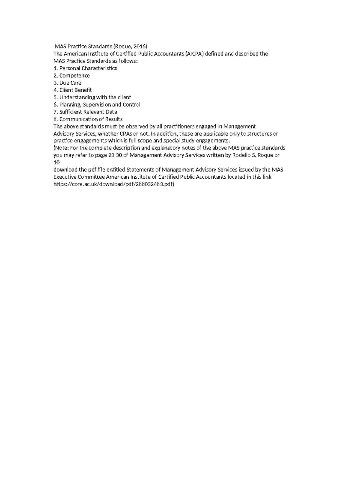 MAS Practice Standards - In addition, these are applicable only to ...
