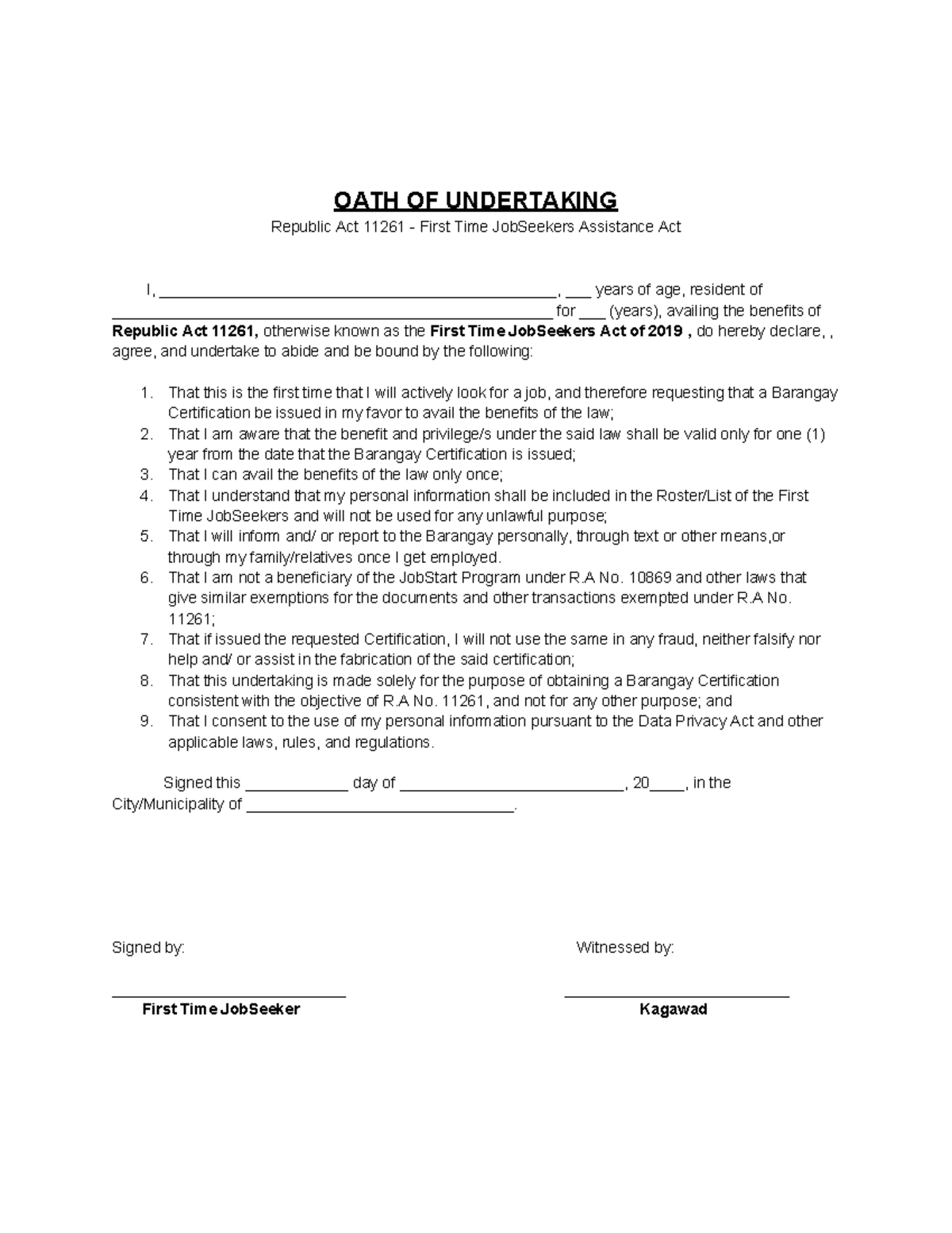 OATH OF UNDERTAKING: RA 11261 First Time JobSeekers Act Template - Studocu