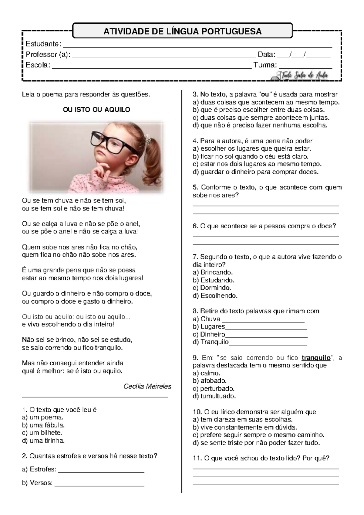 ATIVIDADE DE LÍNGUA PORTUGUESA: Análise do Poema "Ou Isto ou Aquilo ...