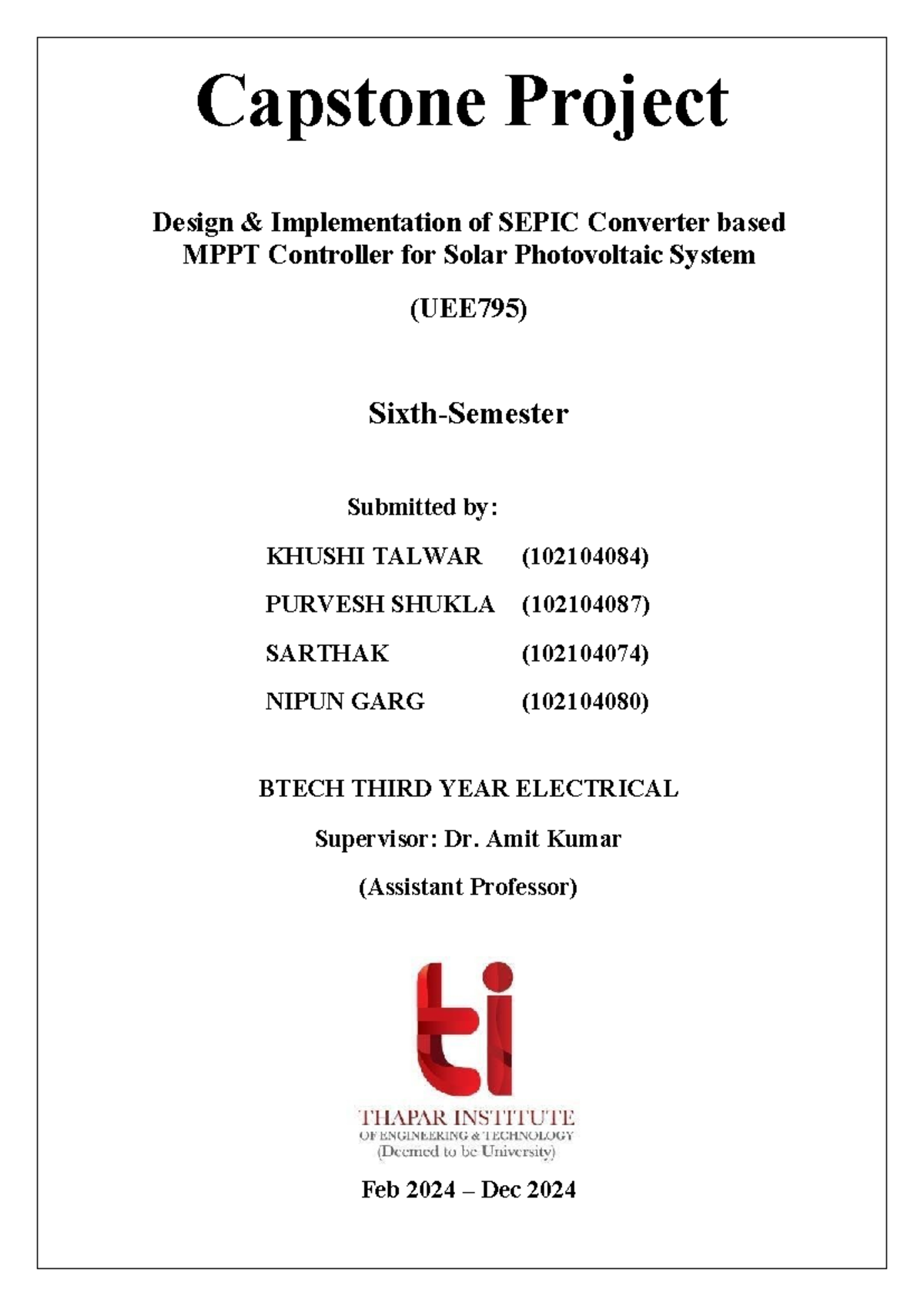 Capstone Report - Capstone Project Design & Implementation of SEPIC Converter based MPPT - Studocu