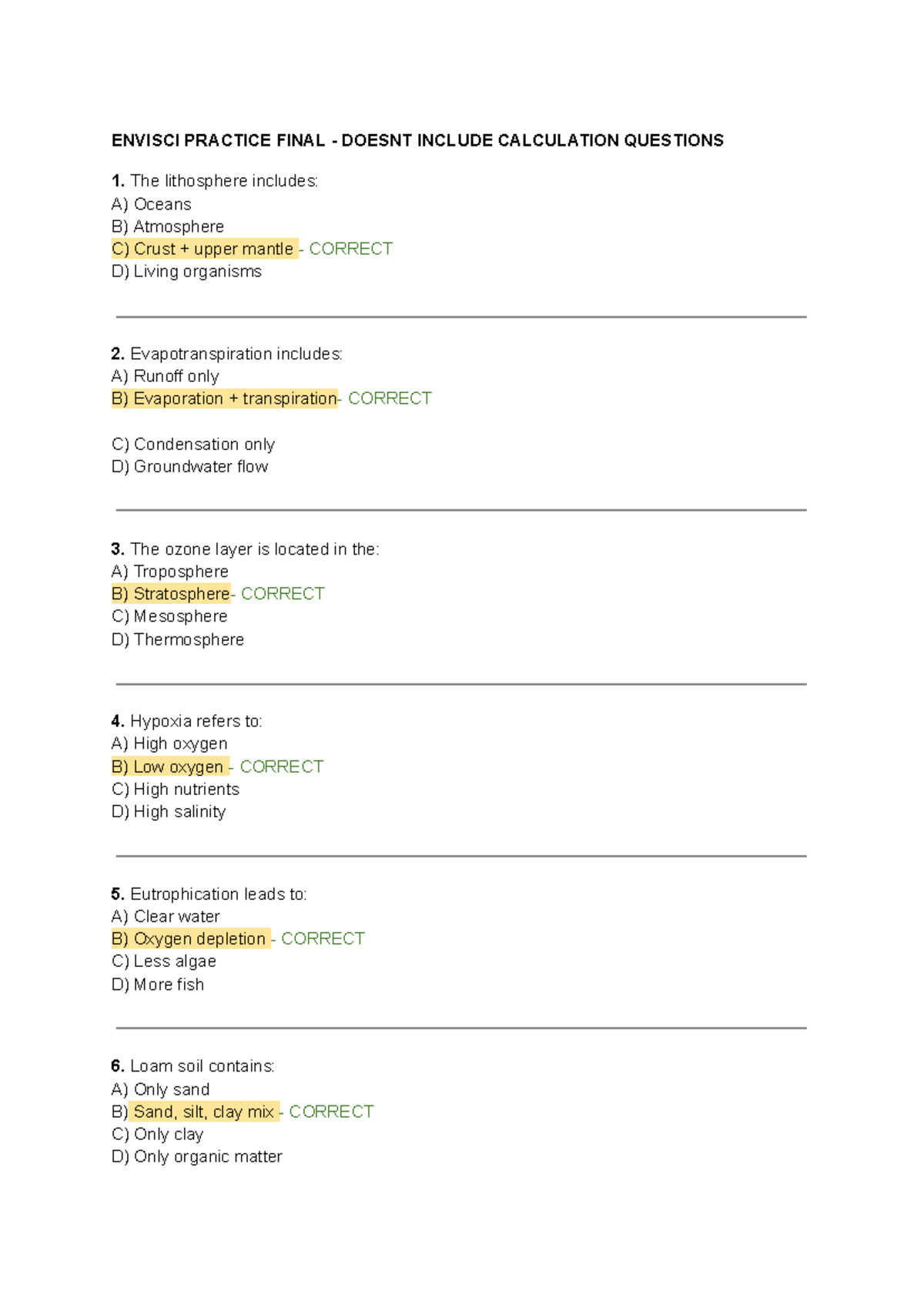 ENVISCI PRACTICE FINAL EXAM REVIEW - NO CALC QUESTIONS - Studocu