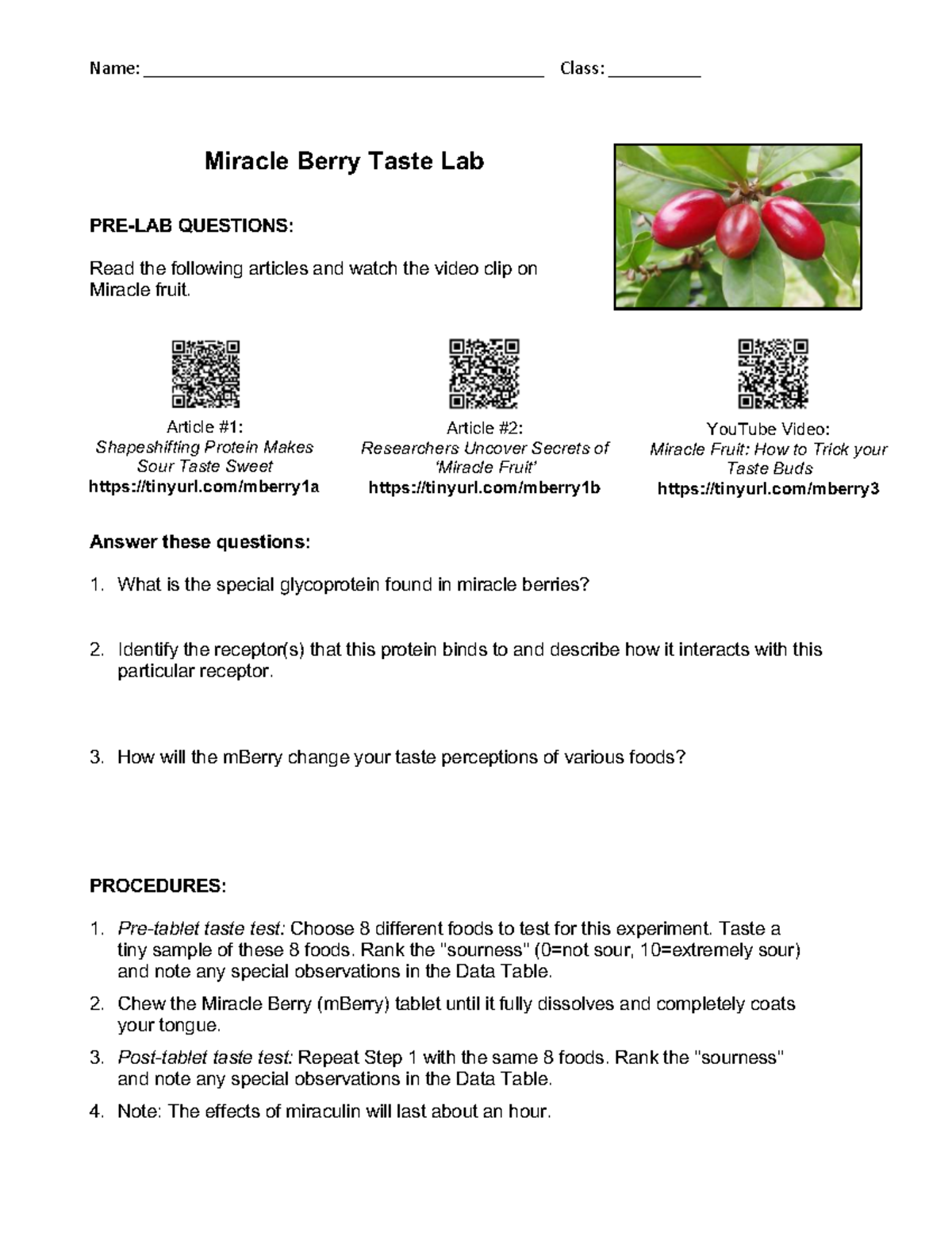 Miracle Berry Taste Lab (BIO 101): Exploring Taste Perception - Studocu