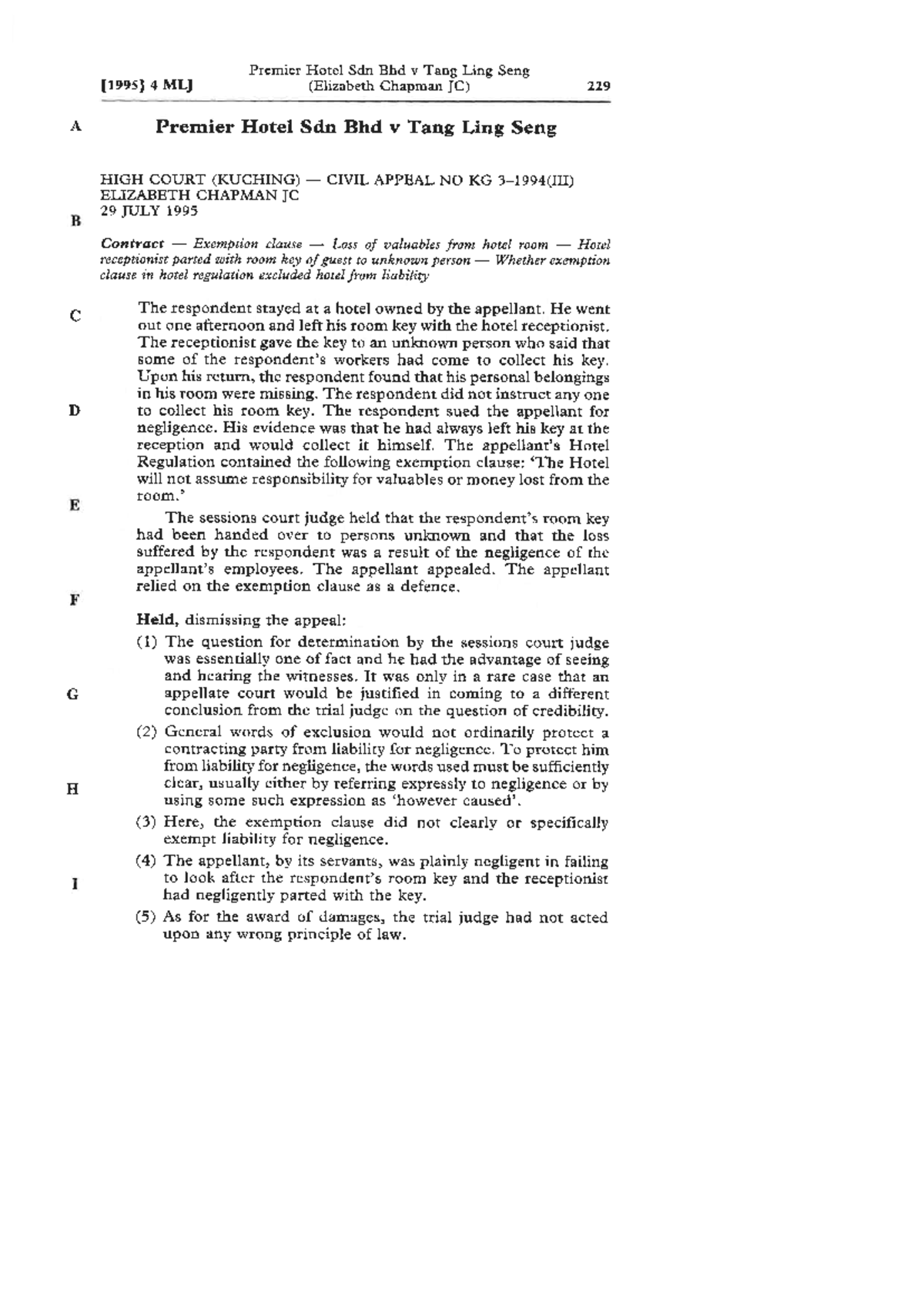Premier Hotel SDN BHD v TANG LING SENG: A Case Study Analysis - Studocu