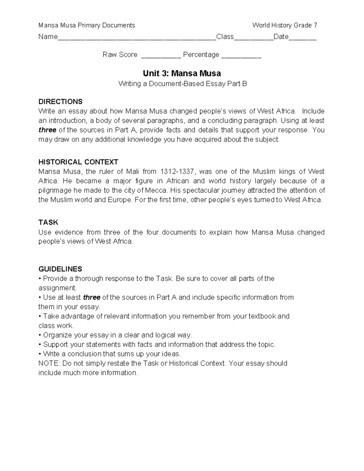 Mansa Musa's Impact on West Africa: DBQ Essay Guide for World History 7 ...