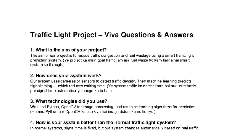 Traffic Light Project (CS101) Viva Questions & Answers - Studocu