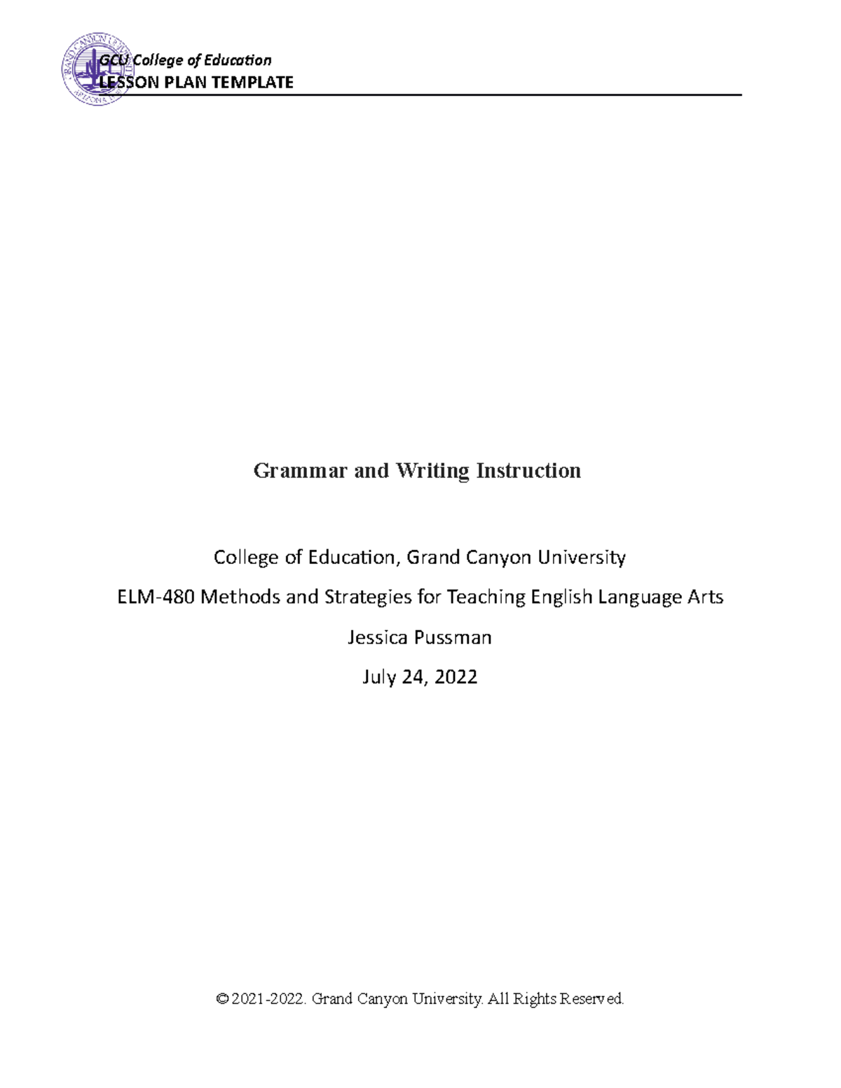 ELM-480 Lesson Plan Template: Grammar & Writing for 2nd Grade - Studocu