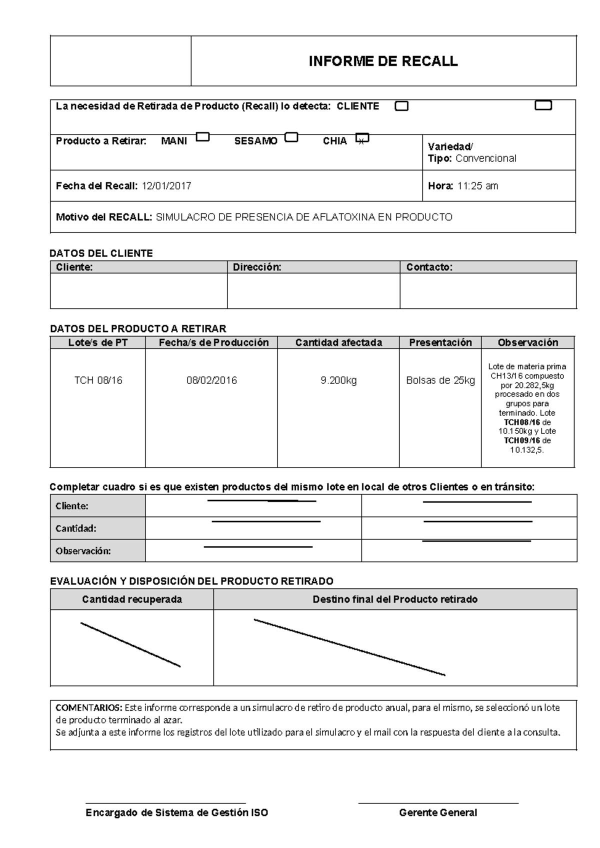 Informe de Recall 556485909 - Simulacro de Retiro de Producto 2017 ...