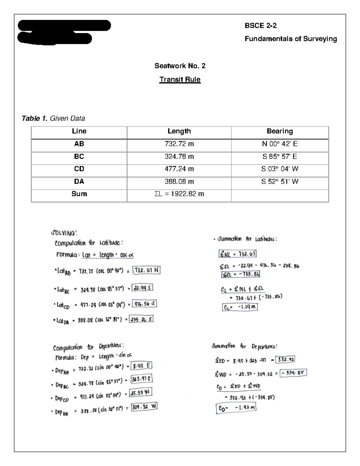 BSCE 2- Fundamentals of Surveying Seatwork No. 2: Transit Rule Analysis ...