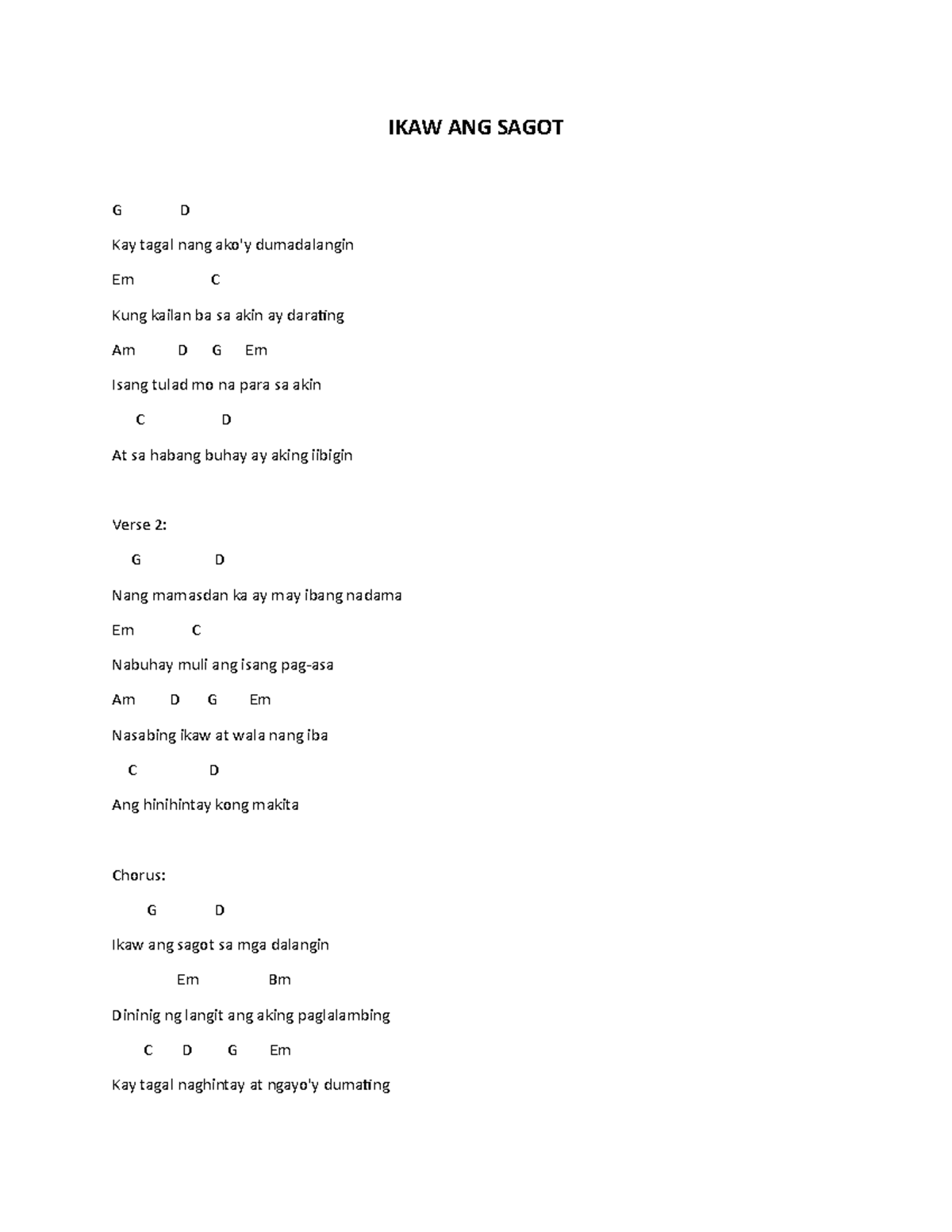 IKAW ANG SAGOT - Chords for the Song - Studocu
