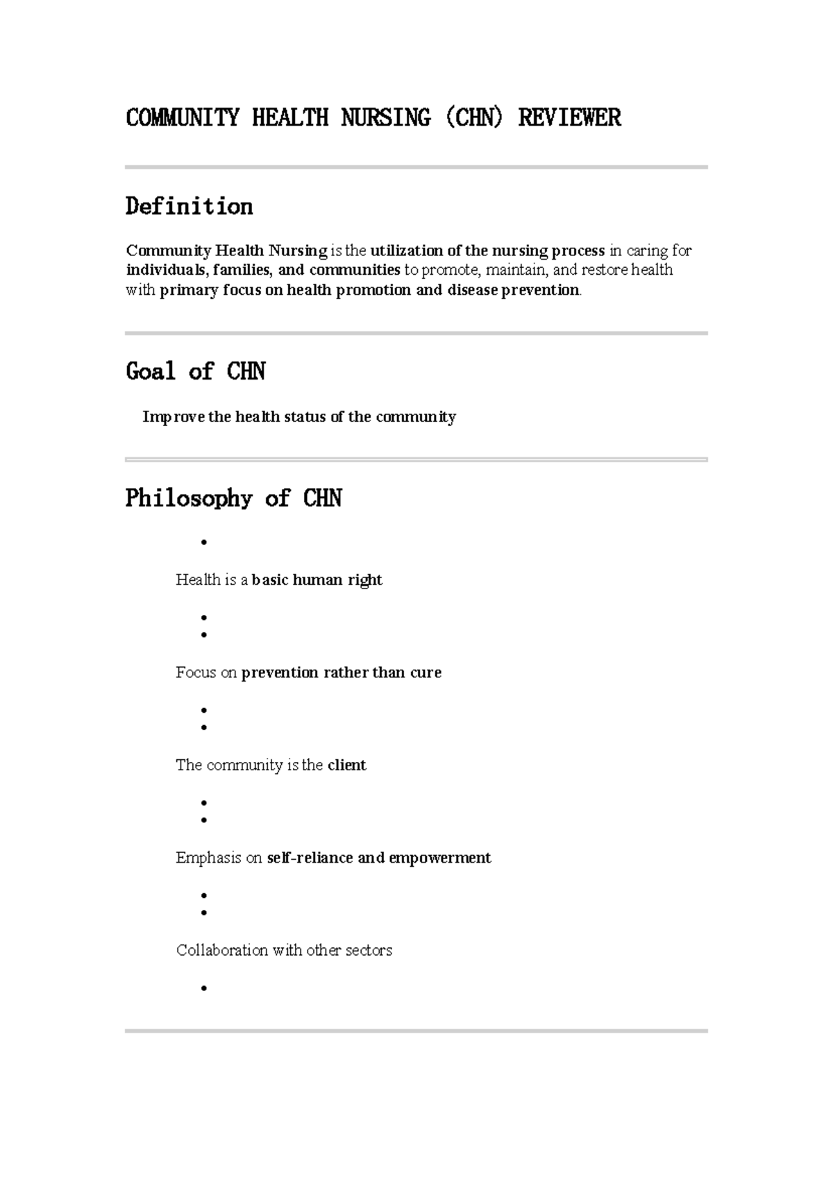 COMMUNITY HEALTH NURSING (CHN) REVIEWER: Key Concepts and Principles ...