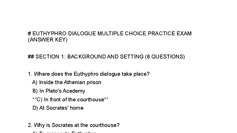 EUTHYPHRO DIALOGUE MC PRACTICE EXAM (ANSWER KEY) - PHIL 101 - Studocu