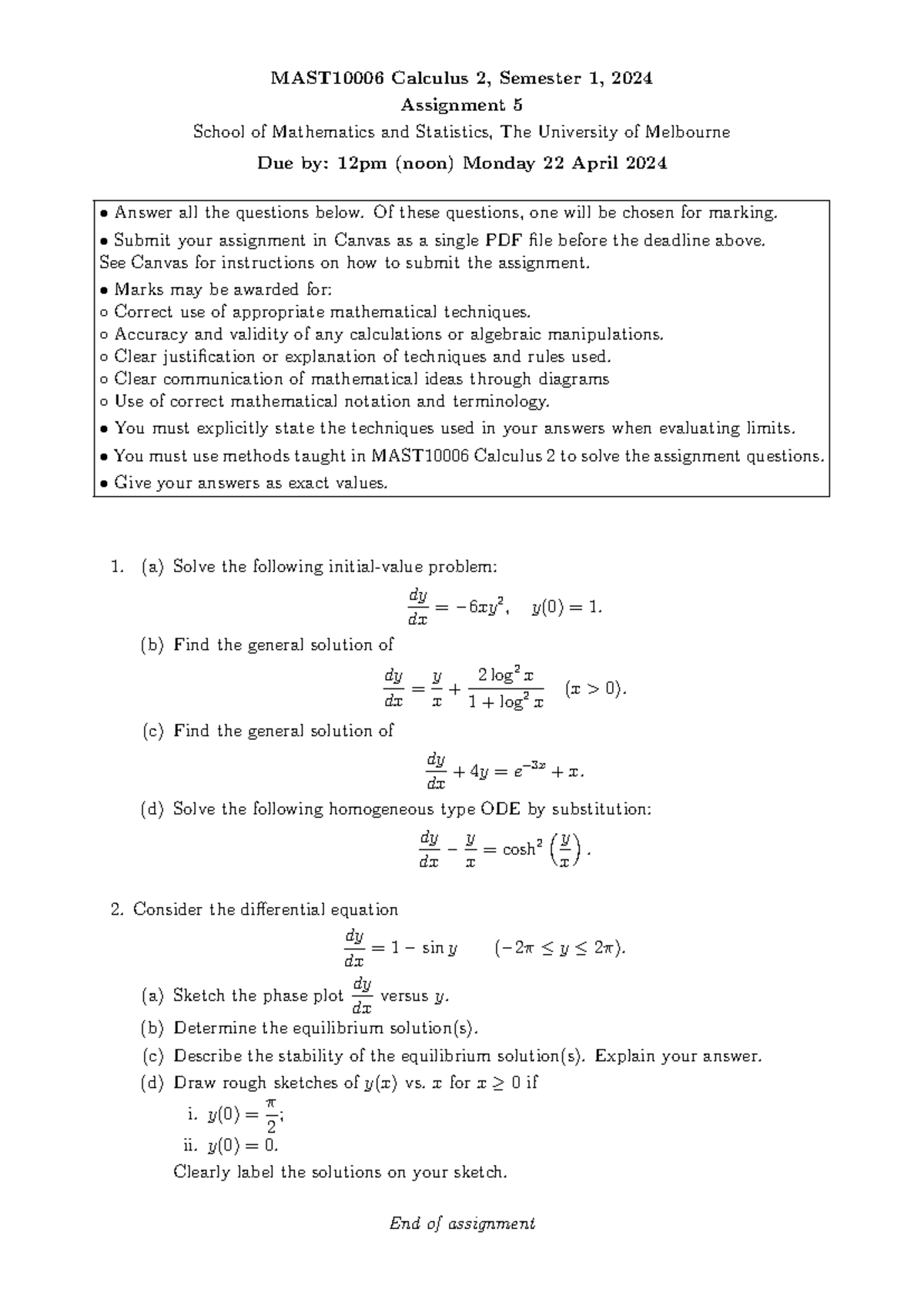 Calculus 2 Assignment 5 Mast10006 Calculus 2 Semester 1 2024