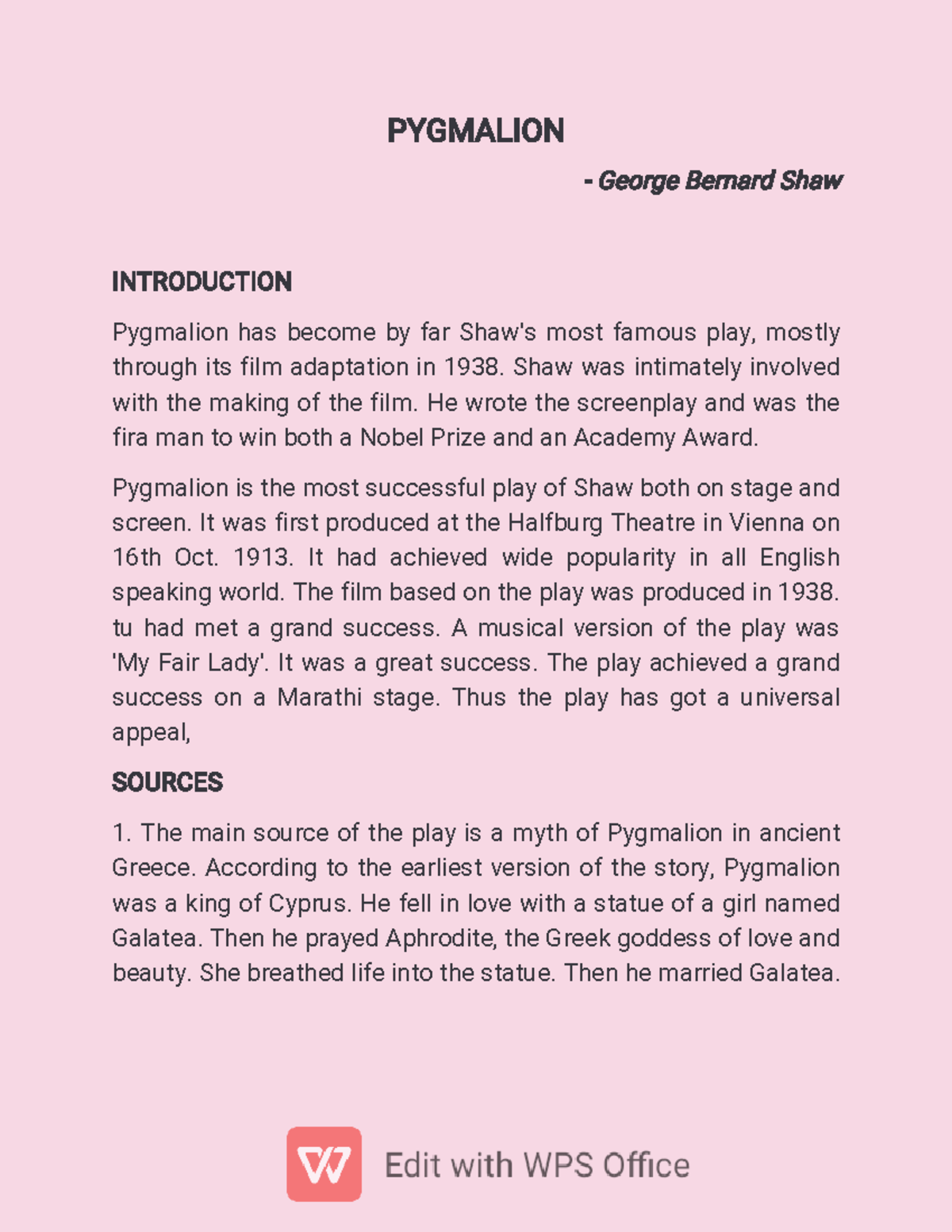 Pygmalion: Comprehensive English Study Notes for ENG101 - Studocu