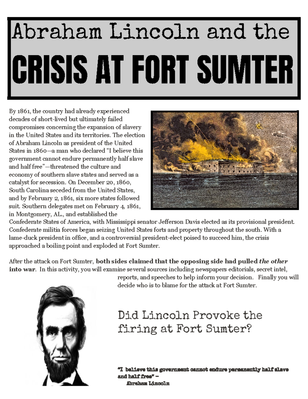 Crisis at Fort Sumter: Analyzing Lincoln's Strategy (HIST 101) - Studocu
