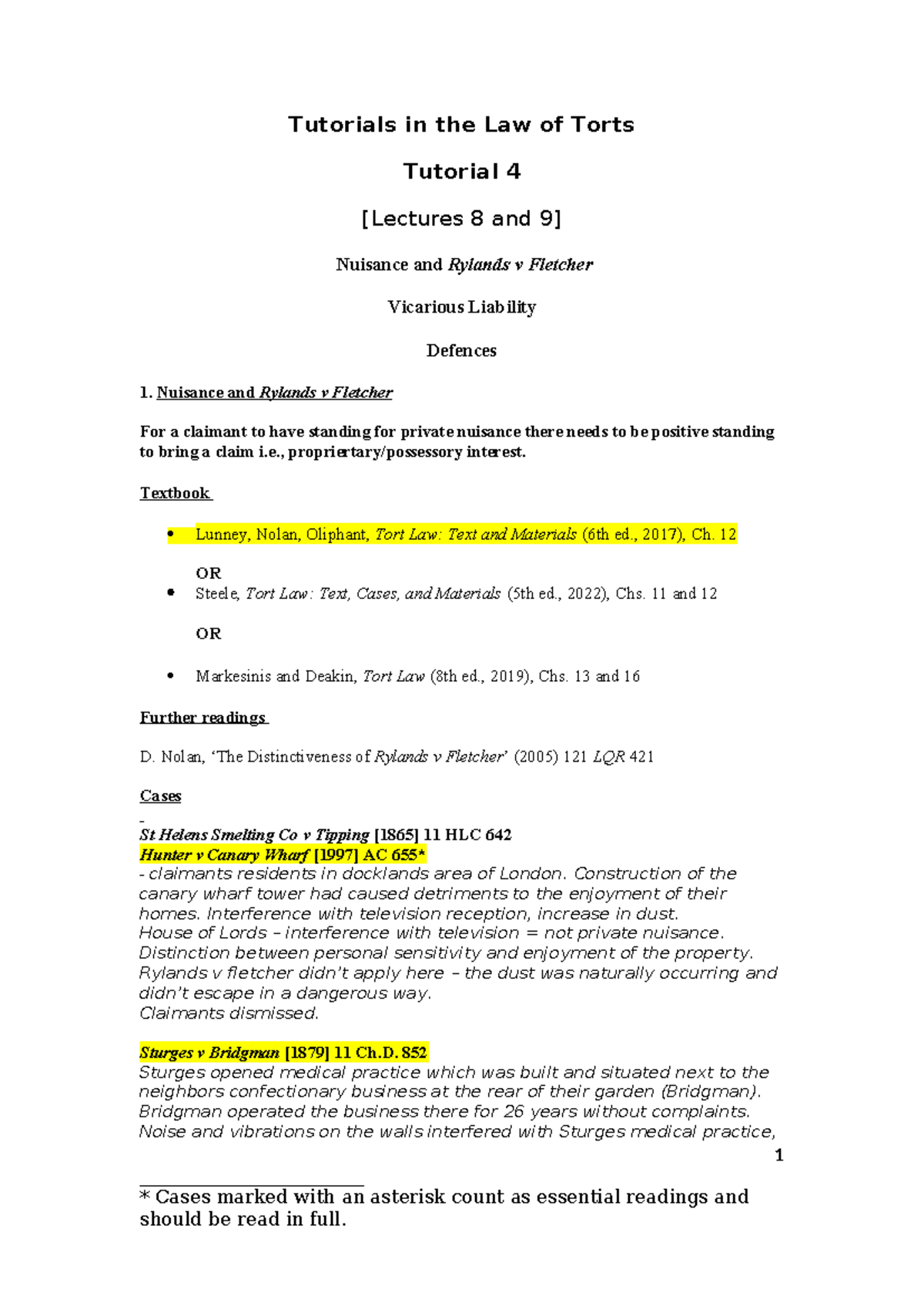 Tort Tutorial Sheet 4 (2023-24) - Tutorials in the Law of Torts ...