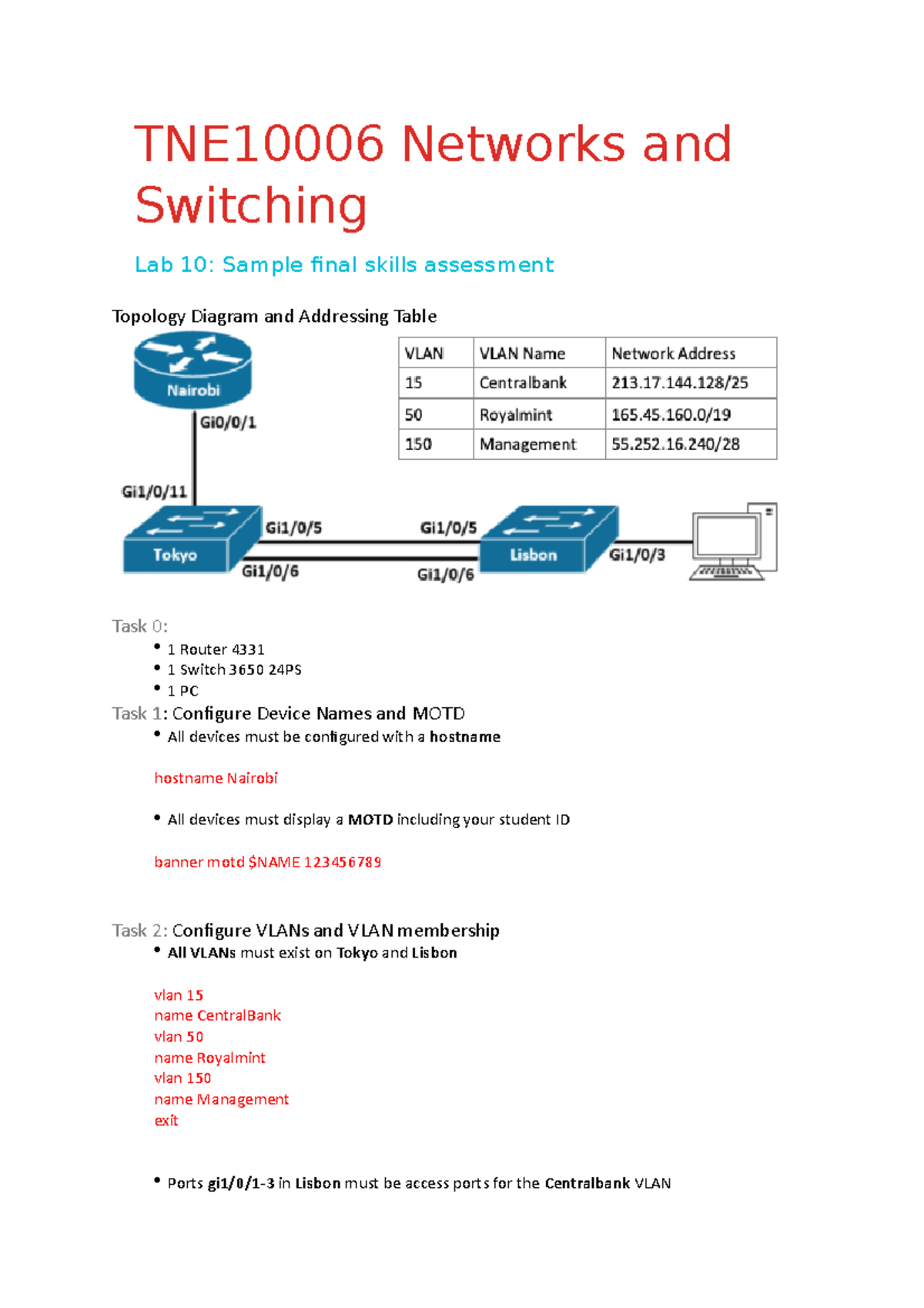 TNE10006 Lab 10: Final Skills Assessment on Networks & Switching - Studocu