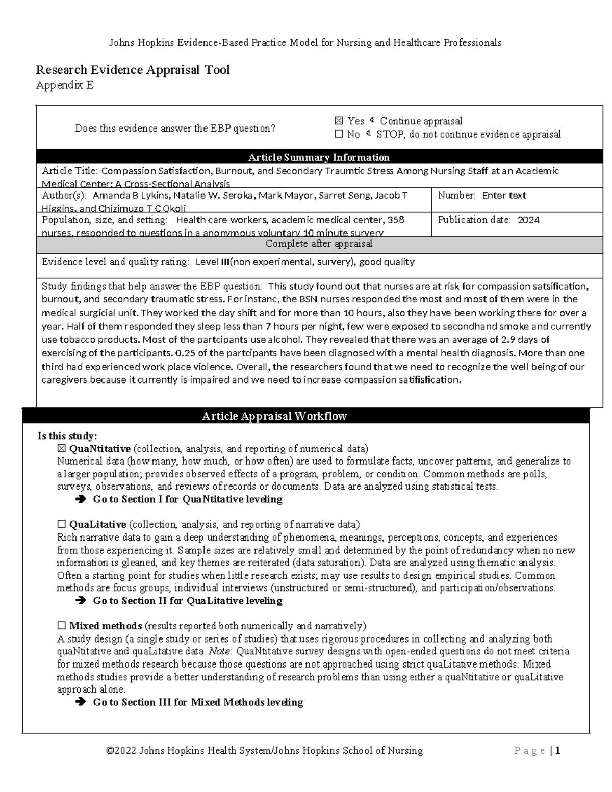 Appendix E JC 6 Stein - worksheet - Research Evidence Appraisal Tool ...