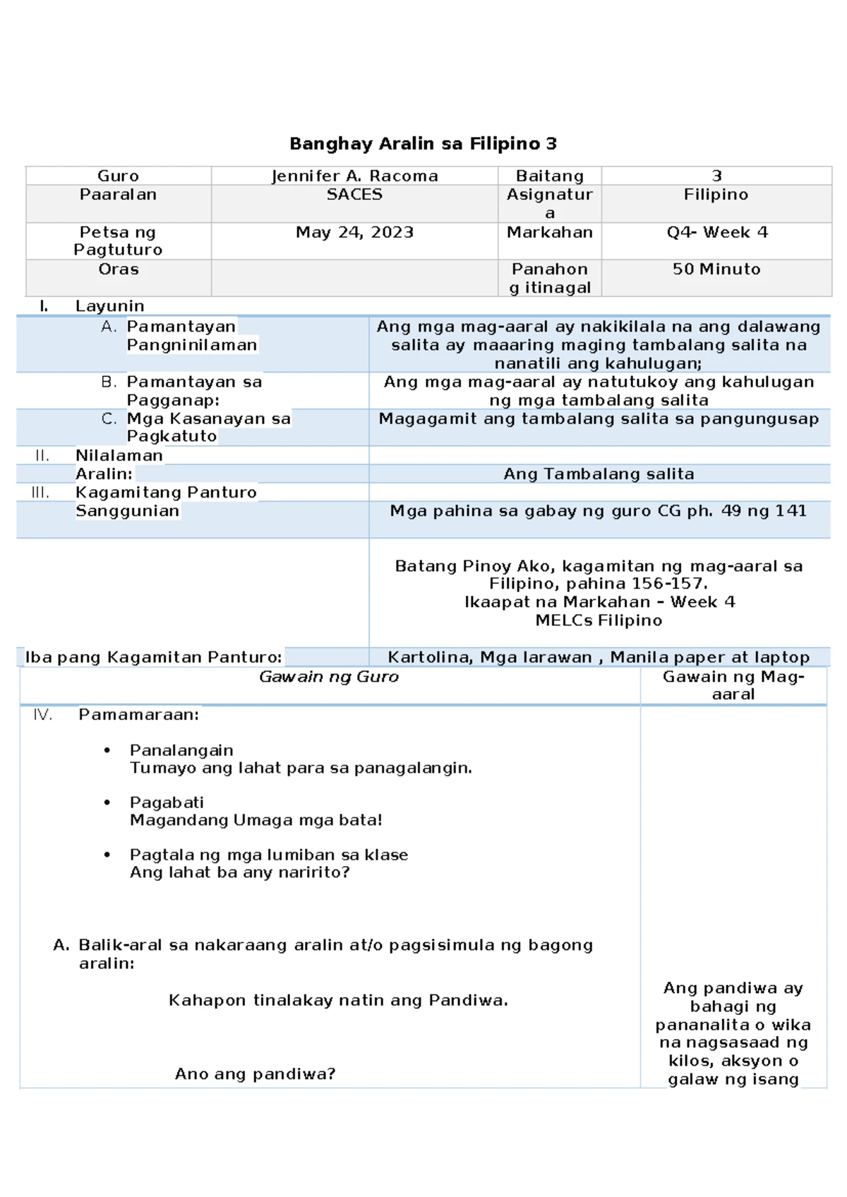 Q4. Filipino 3 Klaster DLP - DETAILED LESSON PLAN IN Filipino 3 School ...
