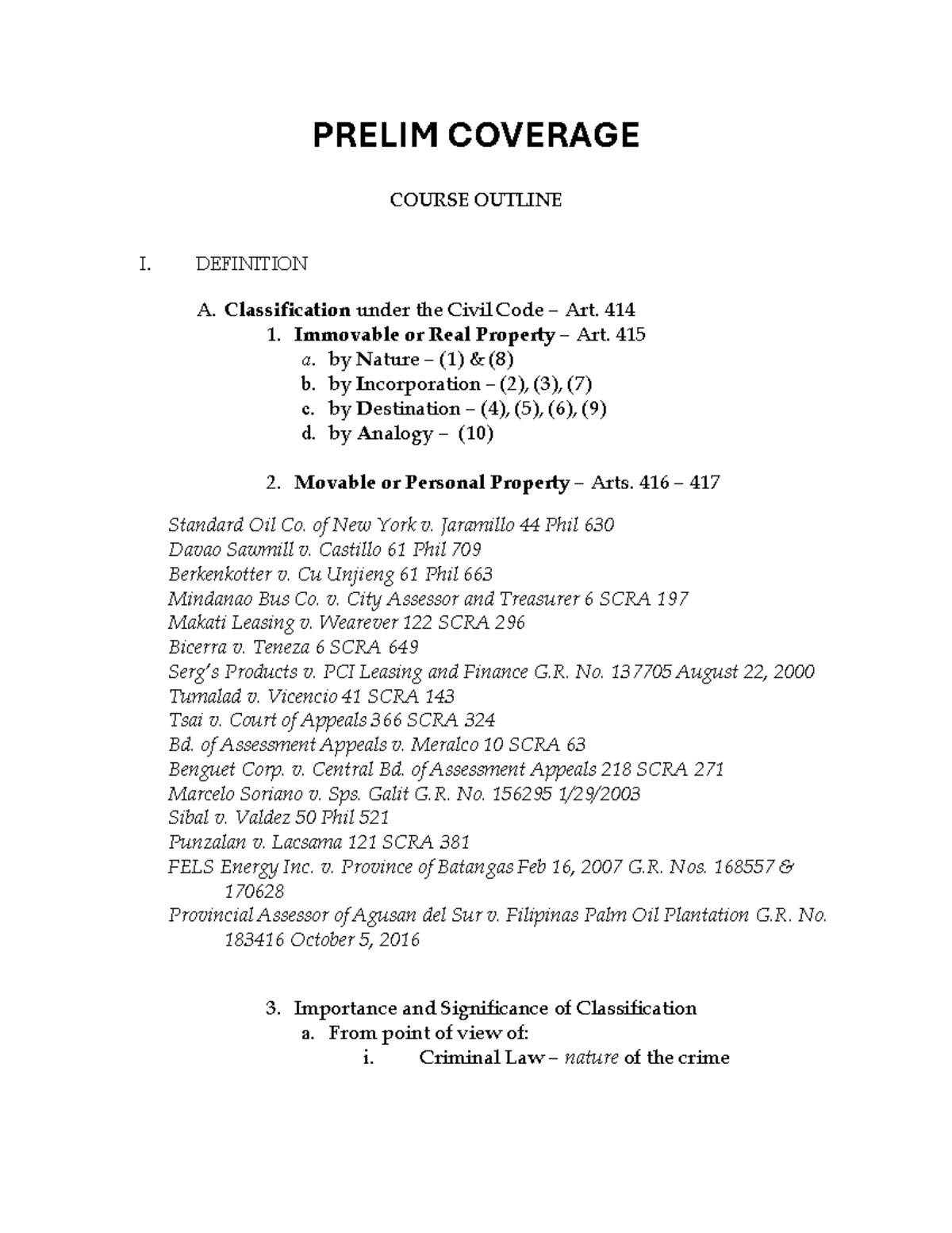 Prelim Coverage: Property Law Course Outline (CIVIL CODE) - Studocu