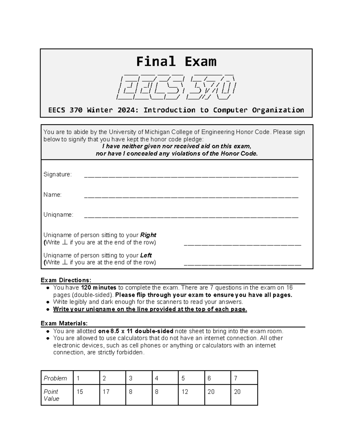 Final Exam _ EECS 370 W24: Intro to Computer Organization Practice ...