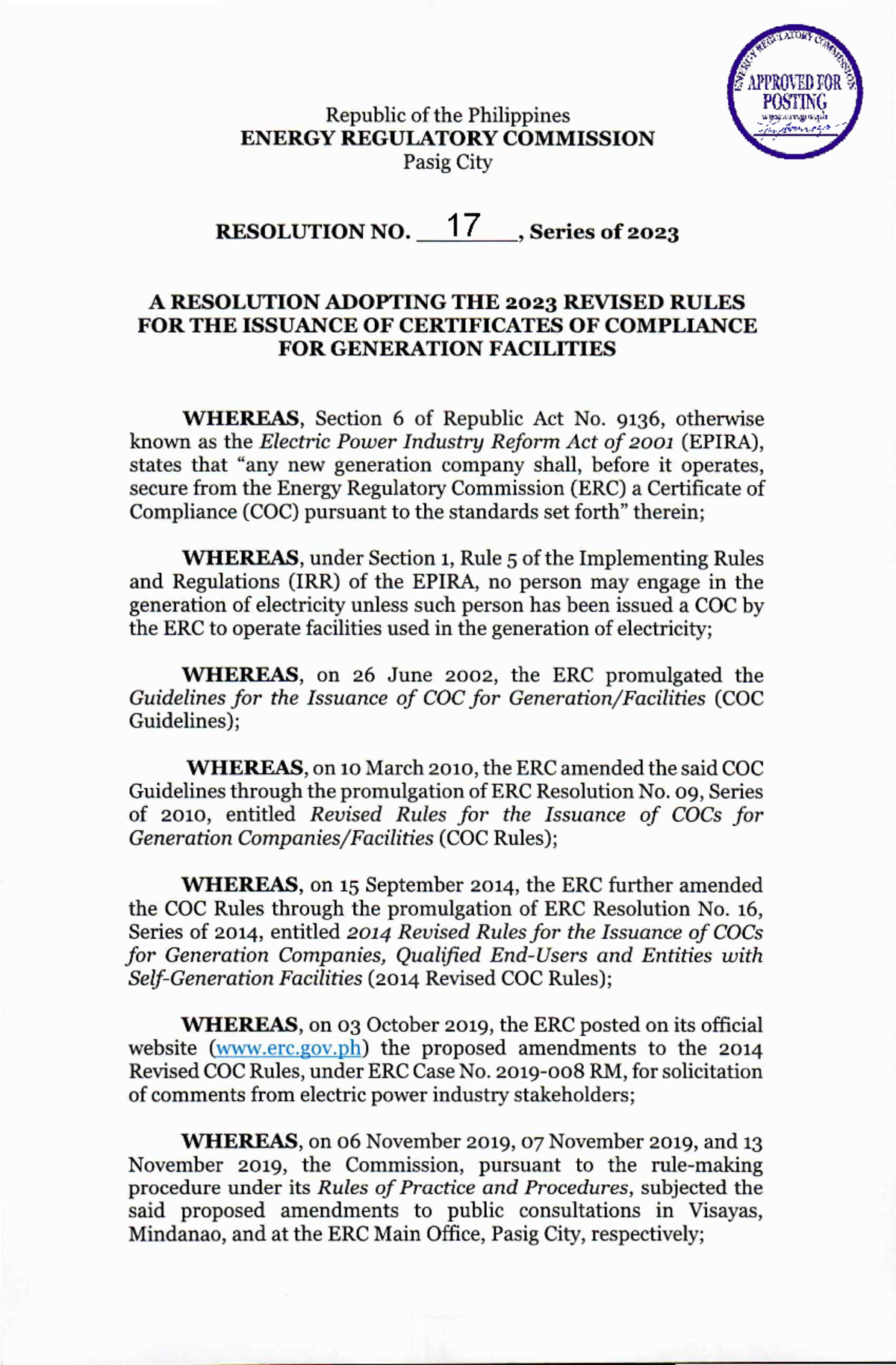 2023 Revised COC Rules for Generation Facilities - Resolution No. 17 ...