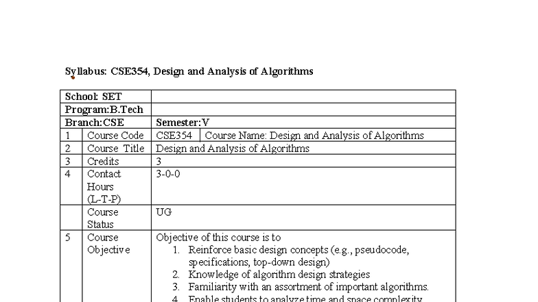CSE354 Syllabus: Design and Analysis of Algorithms for B.Tech CSE - Studocu