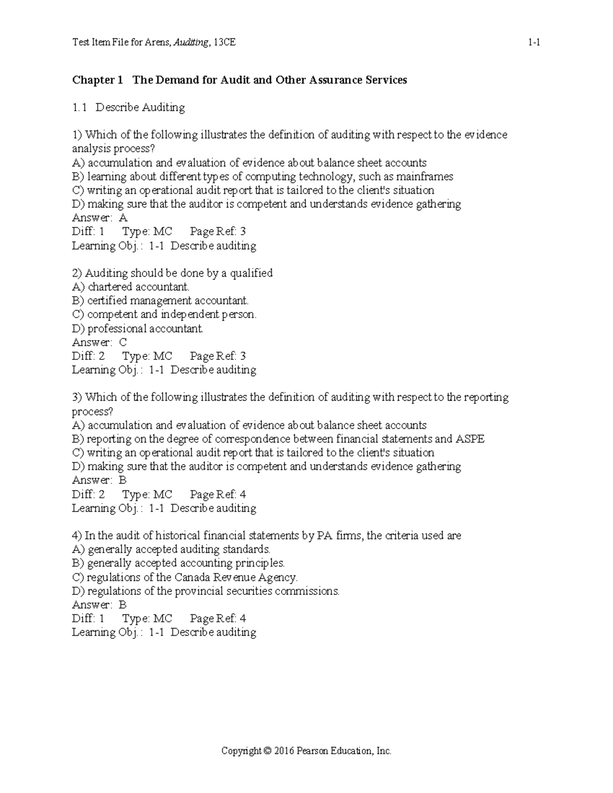 Test Item File for Arens, Auditing, 13CE: Chapter 1 - Demand for Audit ...