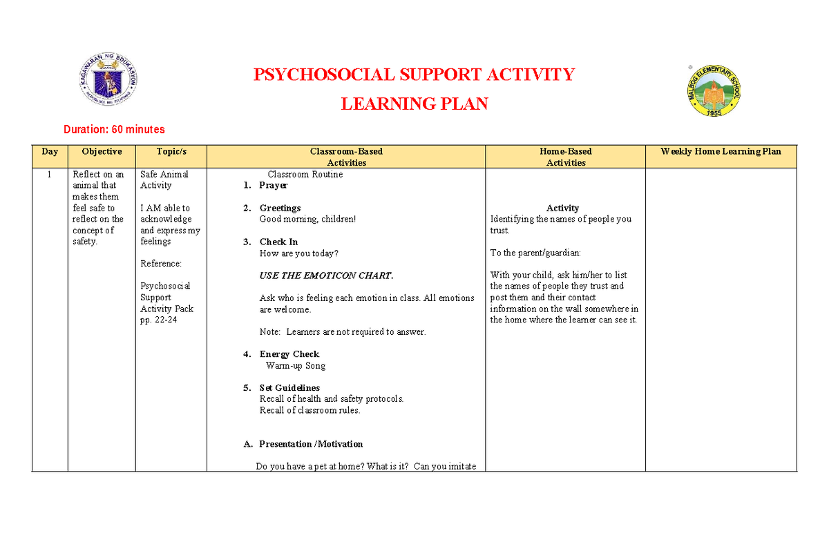 Psychosocial Support Learning PLAN - PSYCHOSOCIAL SUPPORT ACTIVITY ...