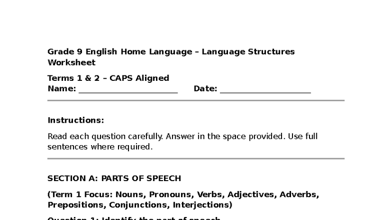 Grade 9 English HL Language Structures Worksheet Terms 1 & 2 - Studocu