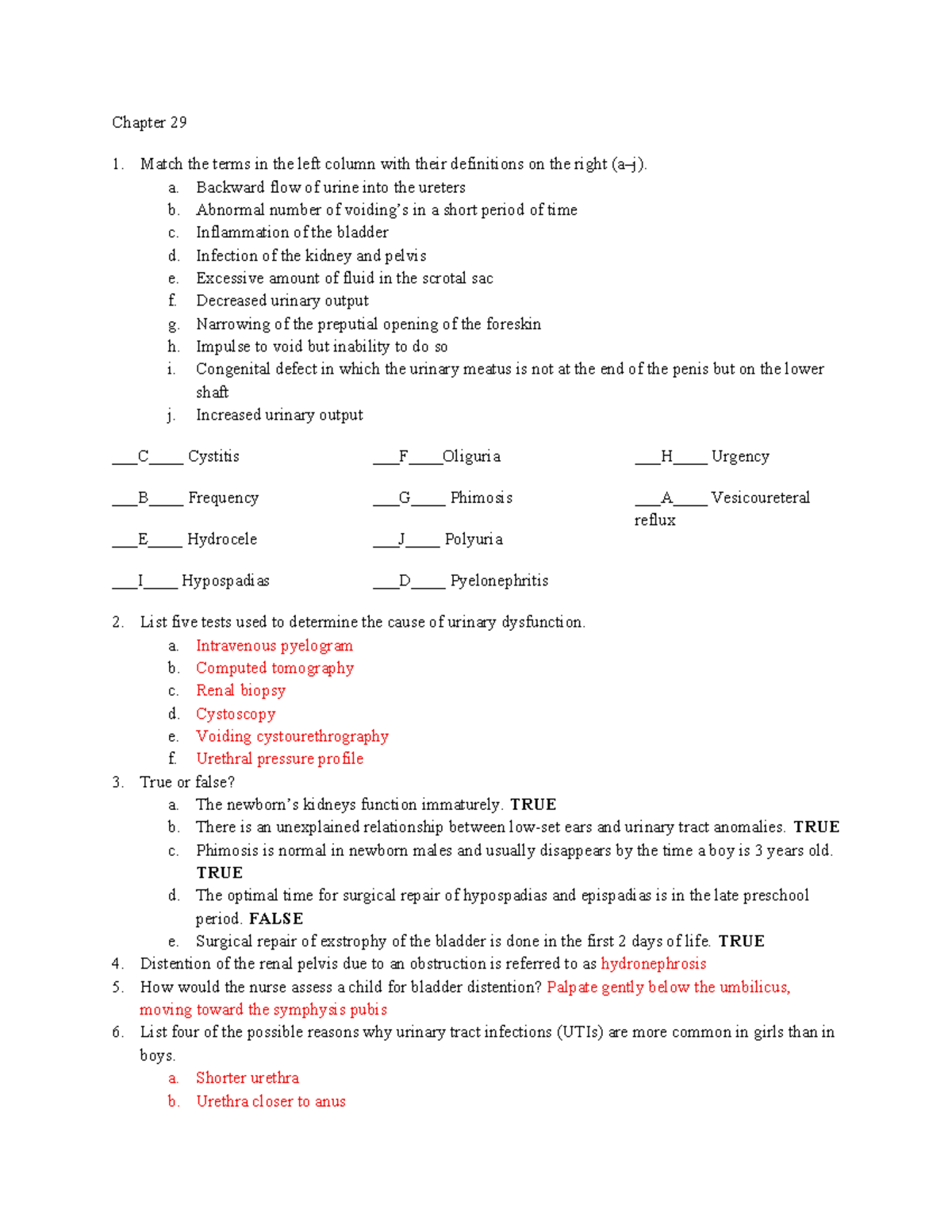 Chapter 29 Worksheet: Urinary System Disorders and Assessments - Studocu