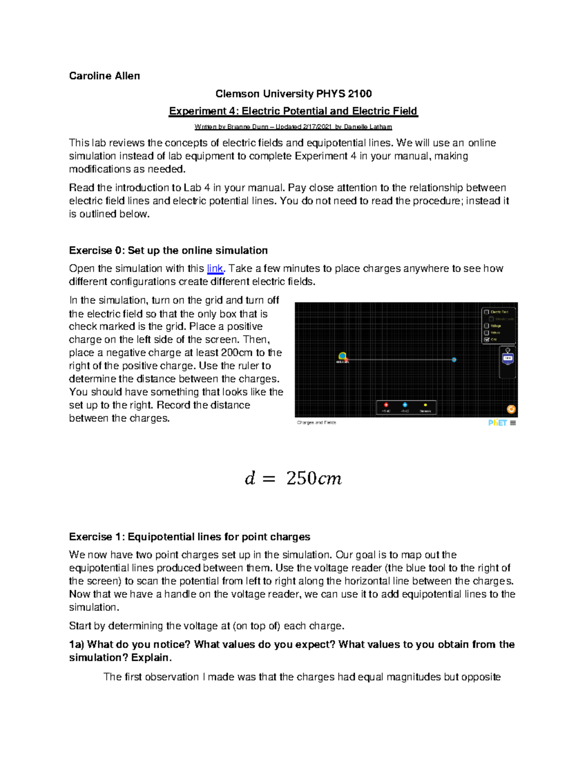 PHYS 2100 Lab 4: Electric Potential & Electric Field Analysis - Studocu